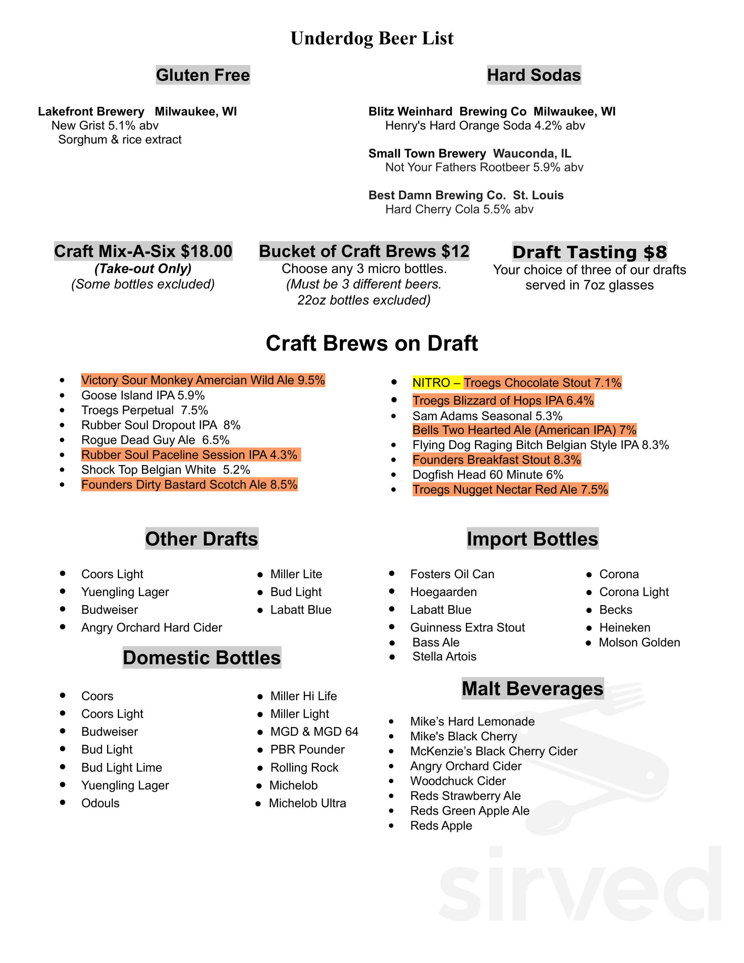 Underdog Sports Bar and Grill menu in Harrisburg, Pennsylvania, USA