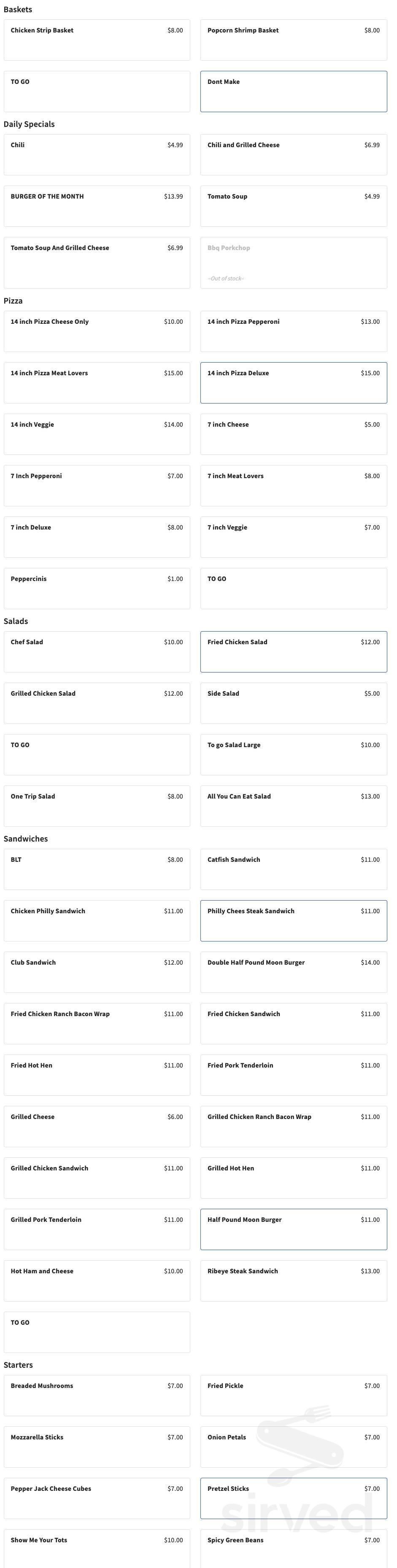 Half Moon Saloon menus in Mt Vernon, Indiana, United States