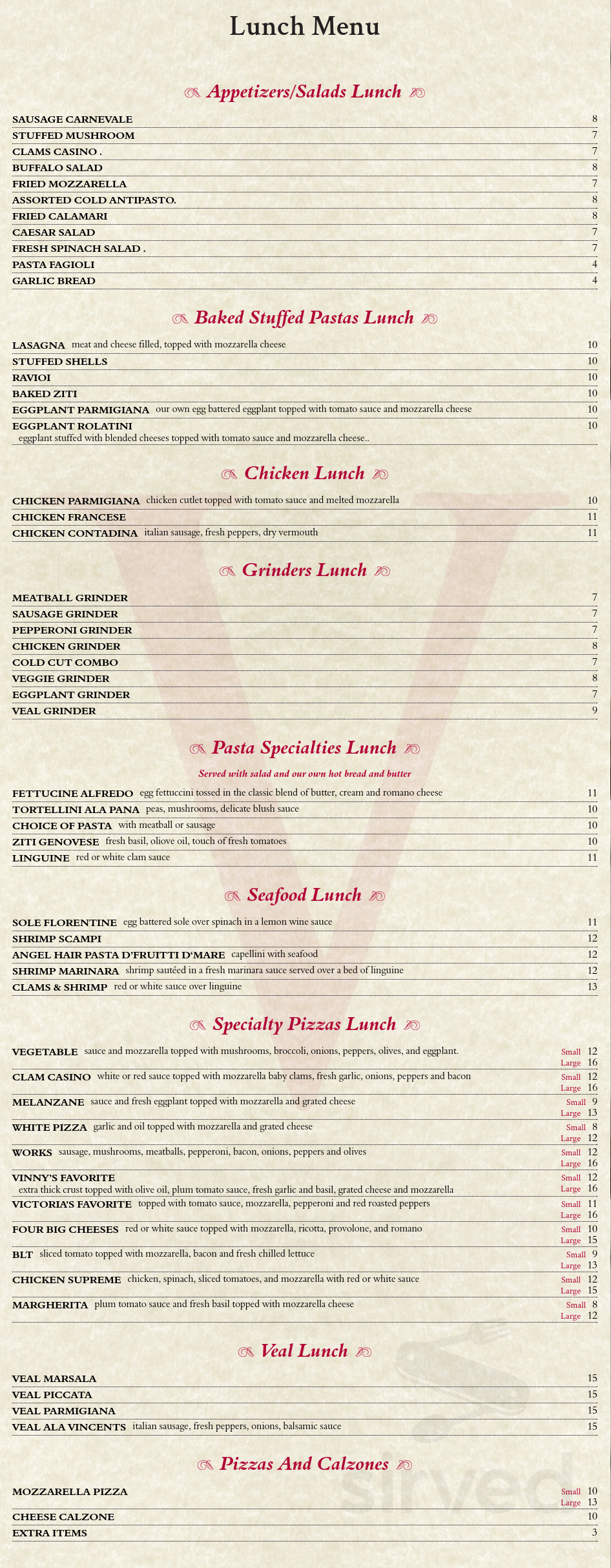Vincents Restaurant menu in Shelton, Connecticut, USA
