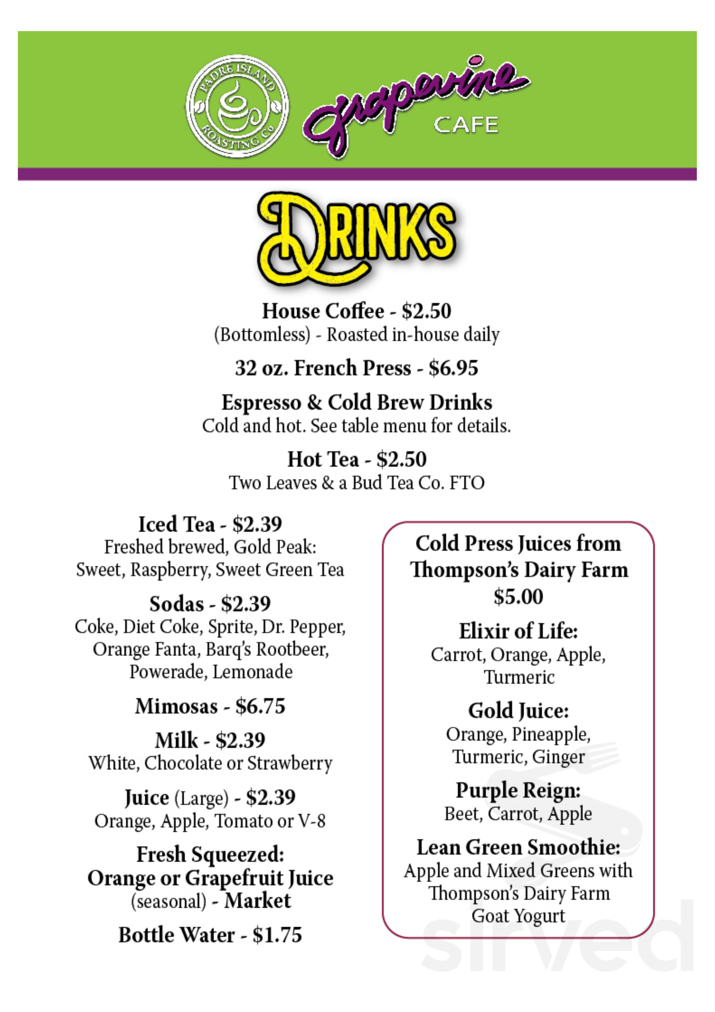 Grapevine Cafe menu in South Padre Island, Texas, USA