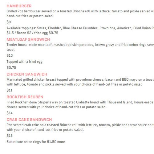 Stripers Bar & Grill menu in Manteo, North Carolina, USA