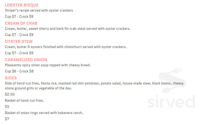 Stripers Bar & Grill menu in Manteo, North Carolina, USA