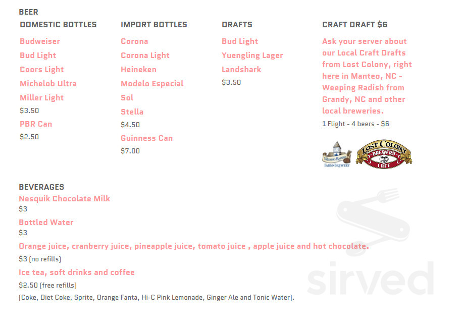 Stripers Bar & Grill menu in Manteo, North Carolina, USA