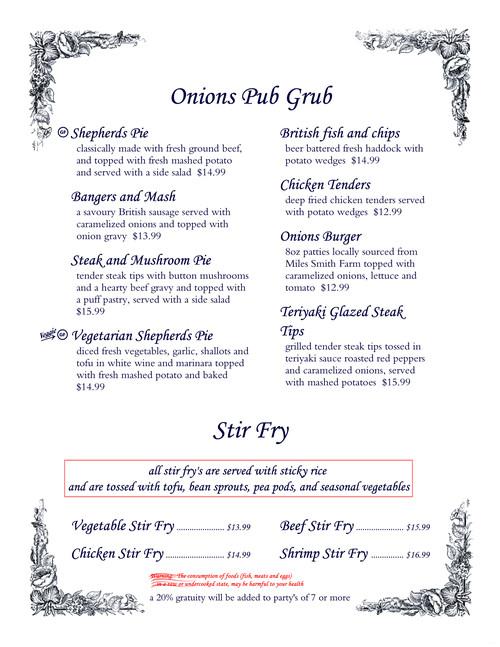 Onions Pub and Restaurant menu in Tilton, New Hampshire, USA