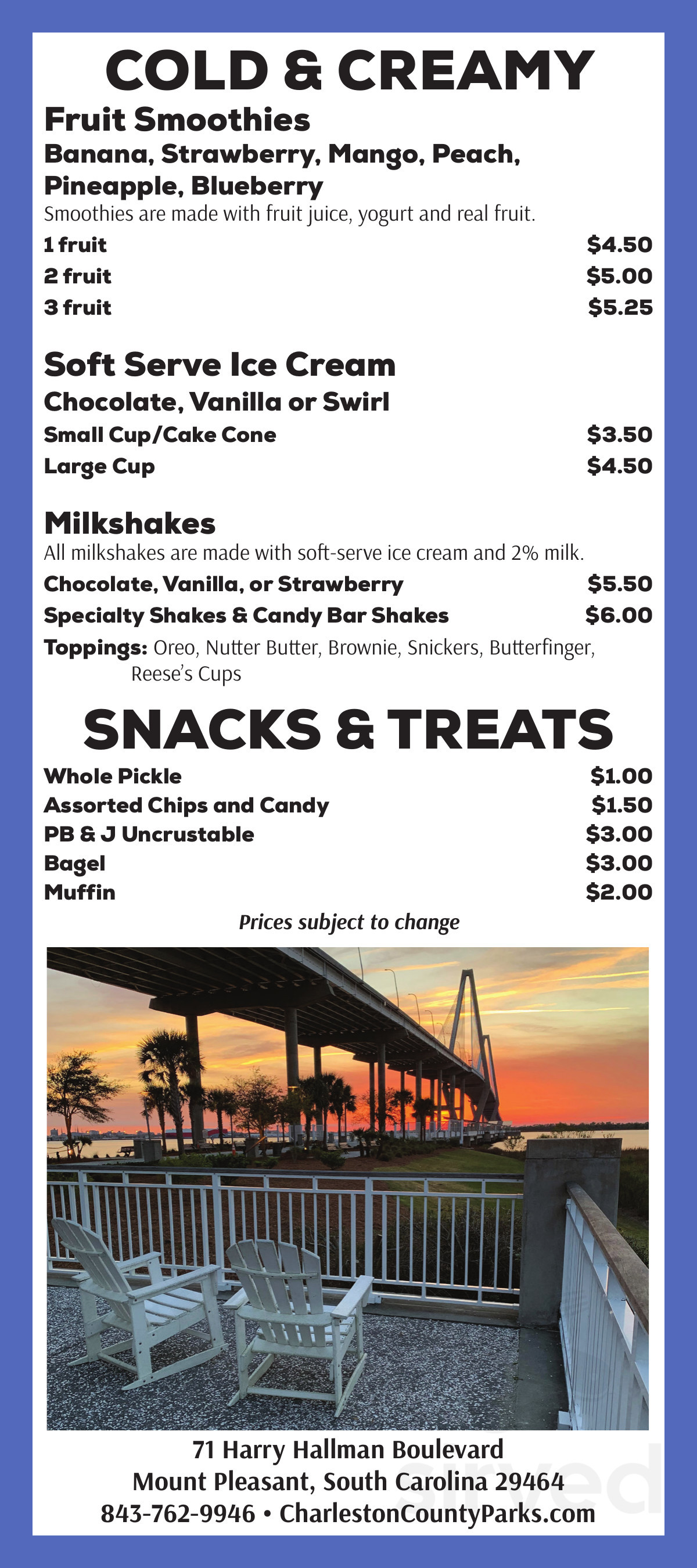 River Watch Cafe & Gift Shop menu in Mt Pleasant, South Carolina, USA