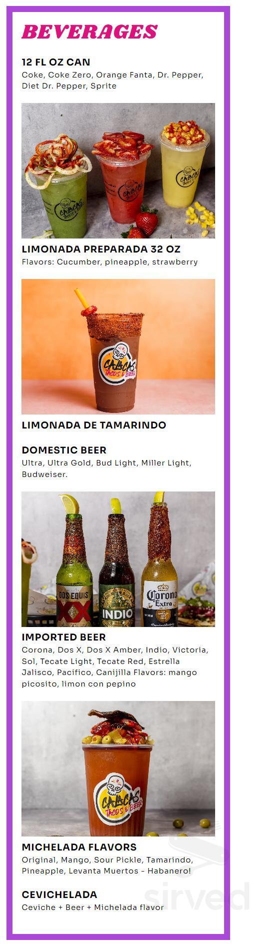 Calacas Tacos & Beer menu in Harlingen, Texas, USA