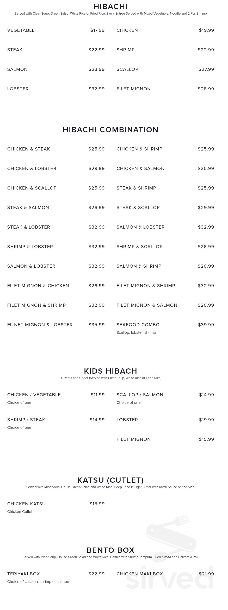 Edo Hibachi Steak House & Bar menu in Greensburg, Pennsylvania, USA