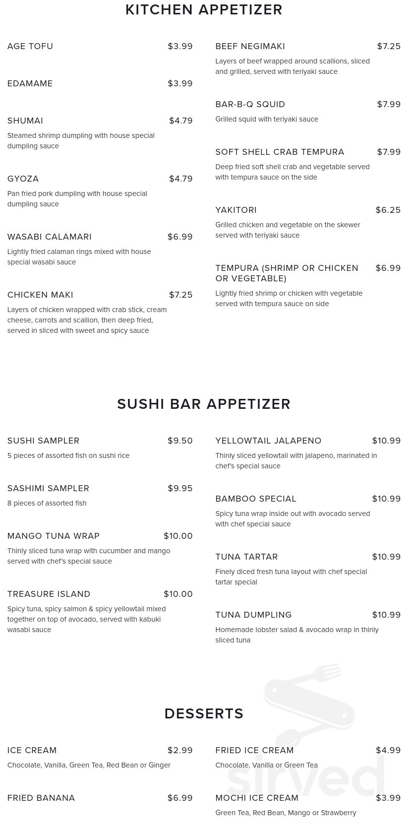Edo Hibachi Steak House & Bar menu in Greensburg, Pennsylvania, USA