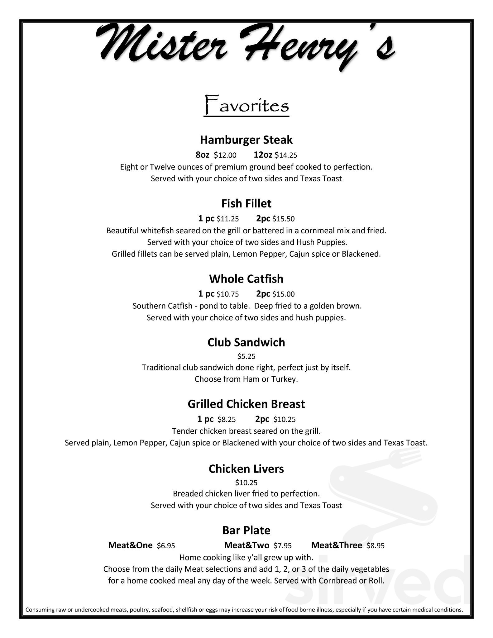 Mister Henry's Restaurant menus in Hartselle, Alabama, United States