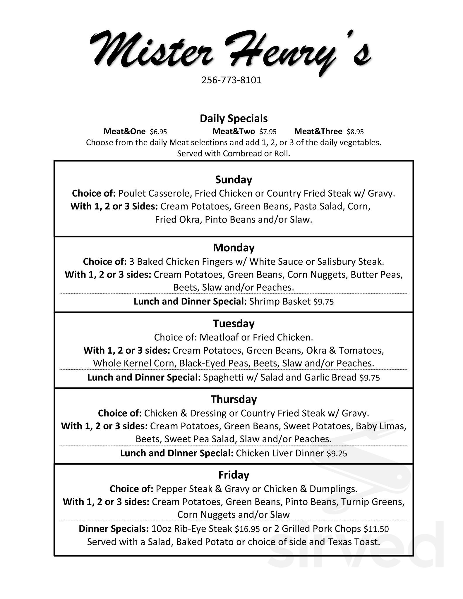 Mister Henry's Restaurant menus in Hartselle, Alabama, United States