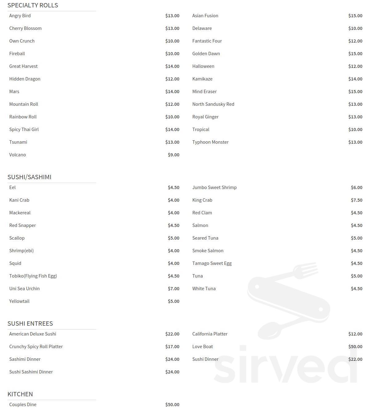 Typhoon Asian Fusion Bistro menus in Delaware, Ohio, United States