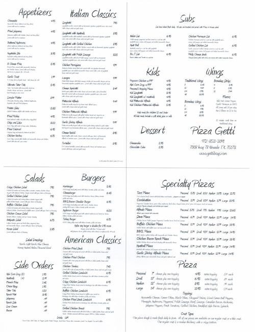 Pizza Getti menu in Nevada, Texas, USA
