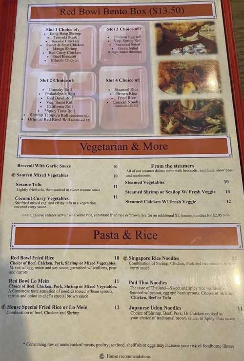 Red Bowl Asian Bistro menu in Summerville, South Carolina, USA