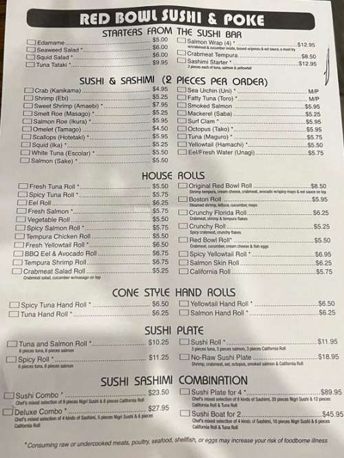 Red Bowl Asian Bistro menu in Summerville, South Carolina, USA