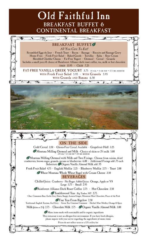 Old Faithful Inn Dining Room menu in Yellowstone National Park, Wyoming ...