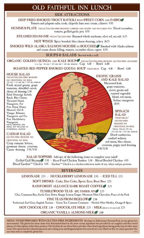 Old Faithful Inn Dining Room menu in Yellowstone National Park, Wyoming ...