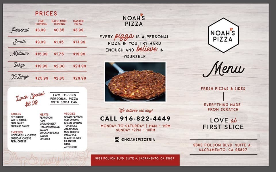 Noah's Pizza menu in Sacramento, California, USA