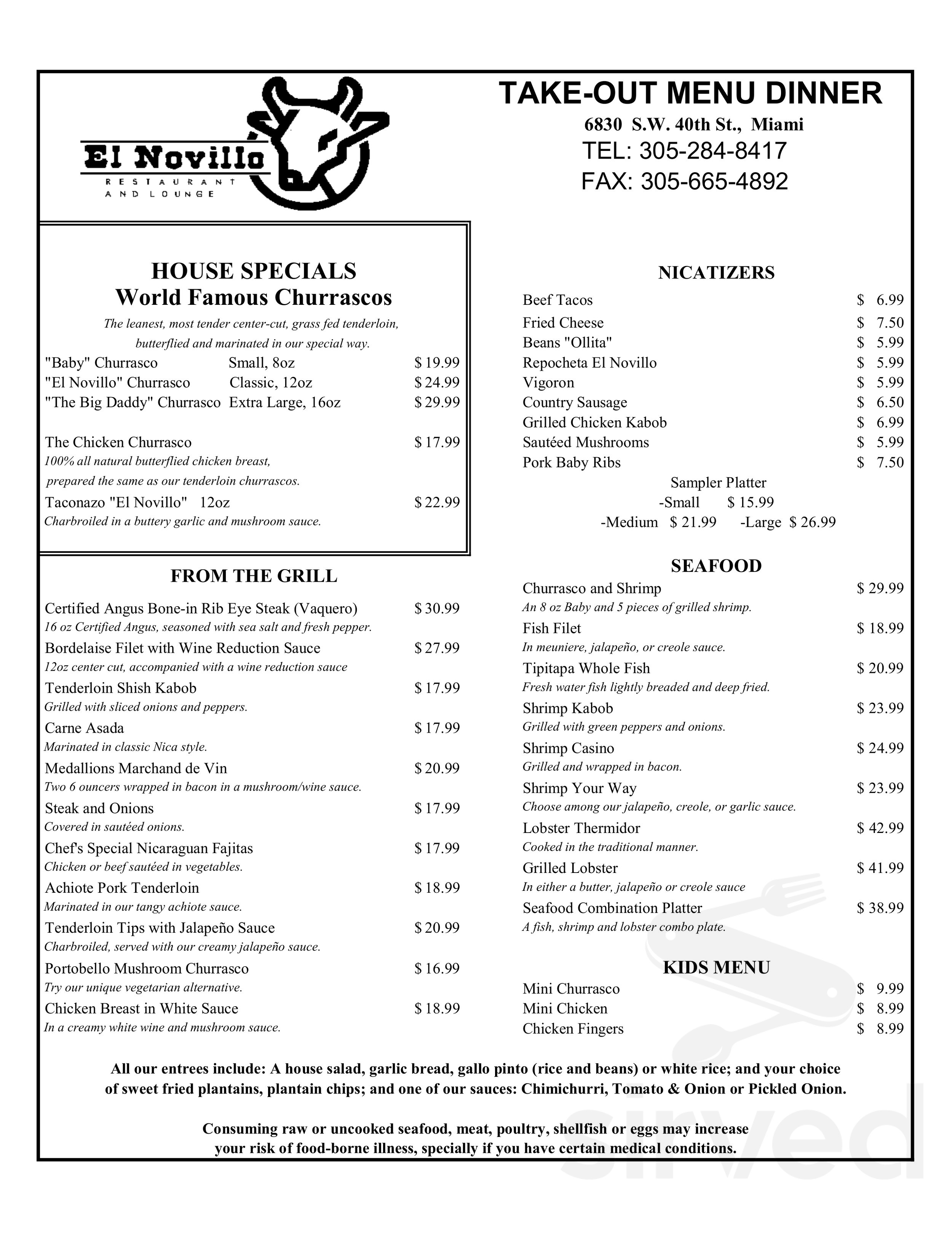 El Novillo Restaurant menu in Miami Lakes, Florida, USA