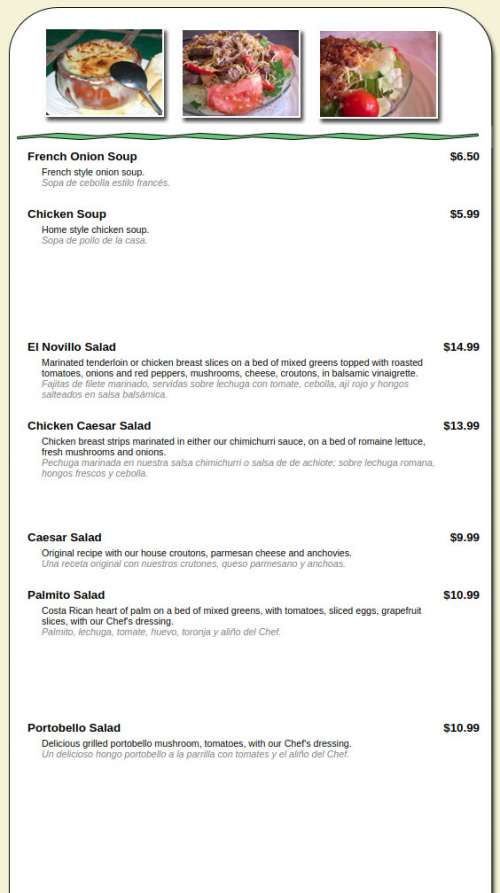 El Novillo Restaurant menu in Miami Lakes, Florida, USA
