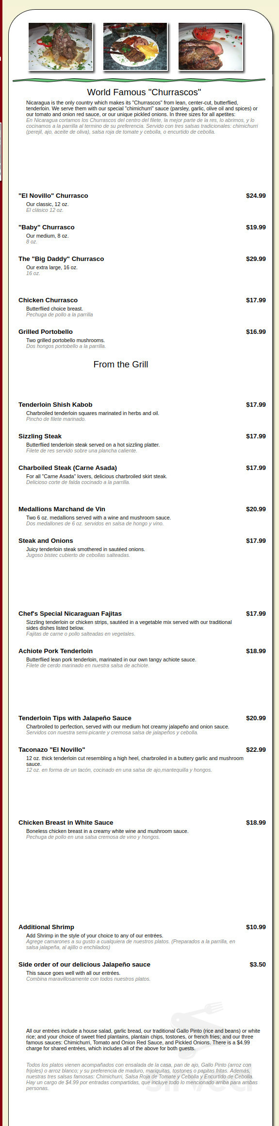 El Novillo Restaurant menu in Miami Lakes, Florida, USA