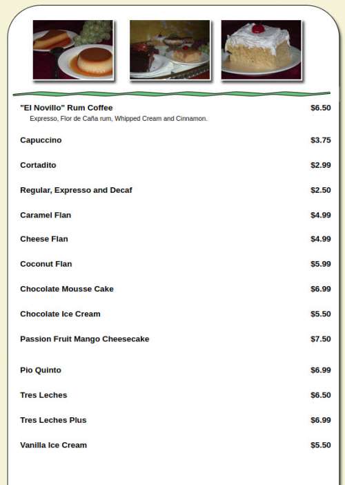 El Novillo Restaurant menu in Miami Lakes, Florida, USA