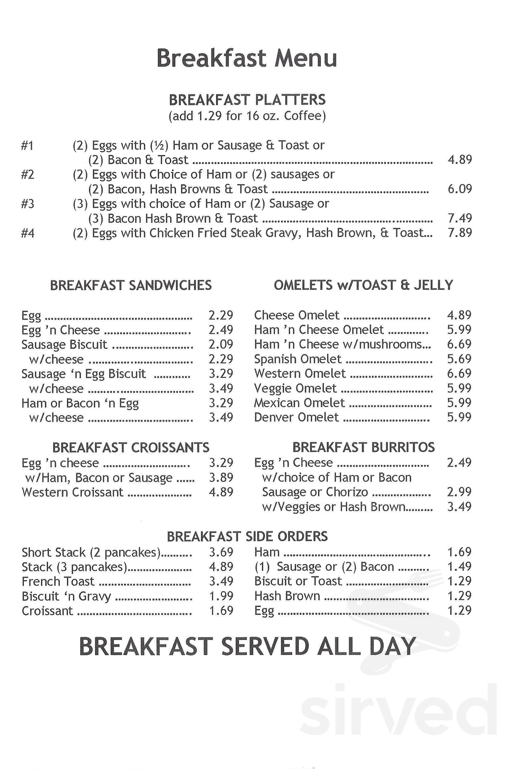Railway Cafe menu in Fort Worth, Texas, USA