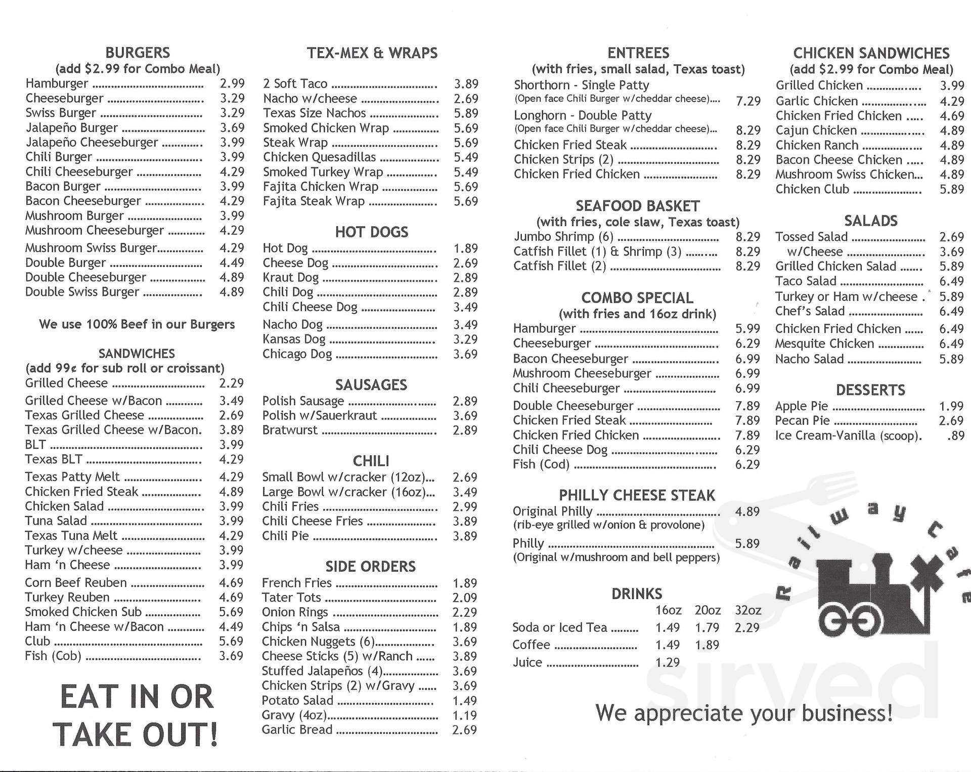 Railway Cafe menu in Fort Worth, Texas, USA