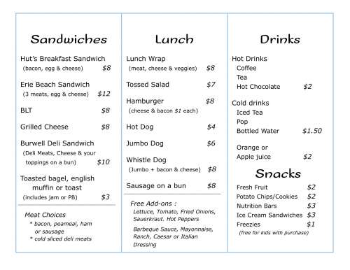 Beach Hut menu in Port Burwell, Ontario, Canada