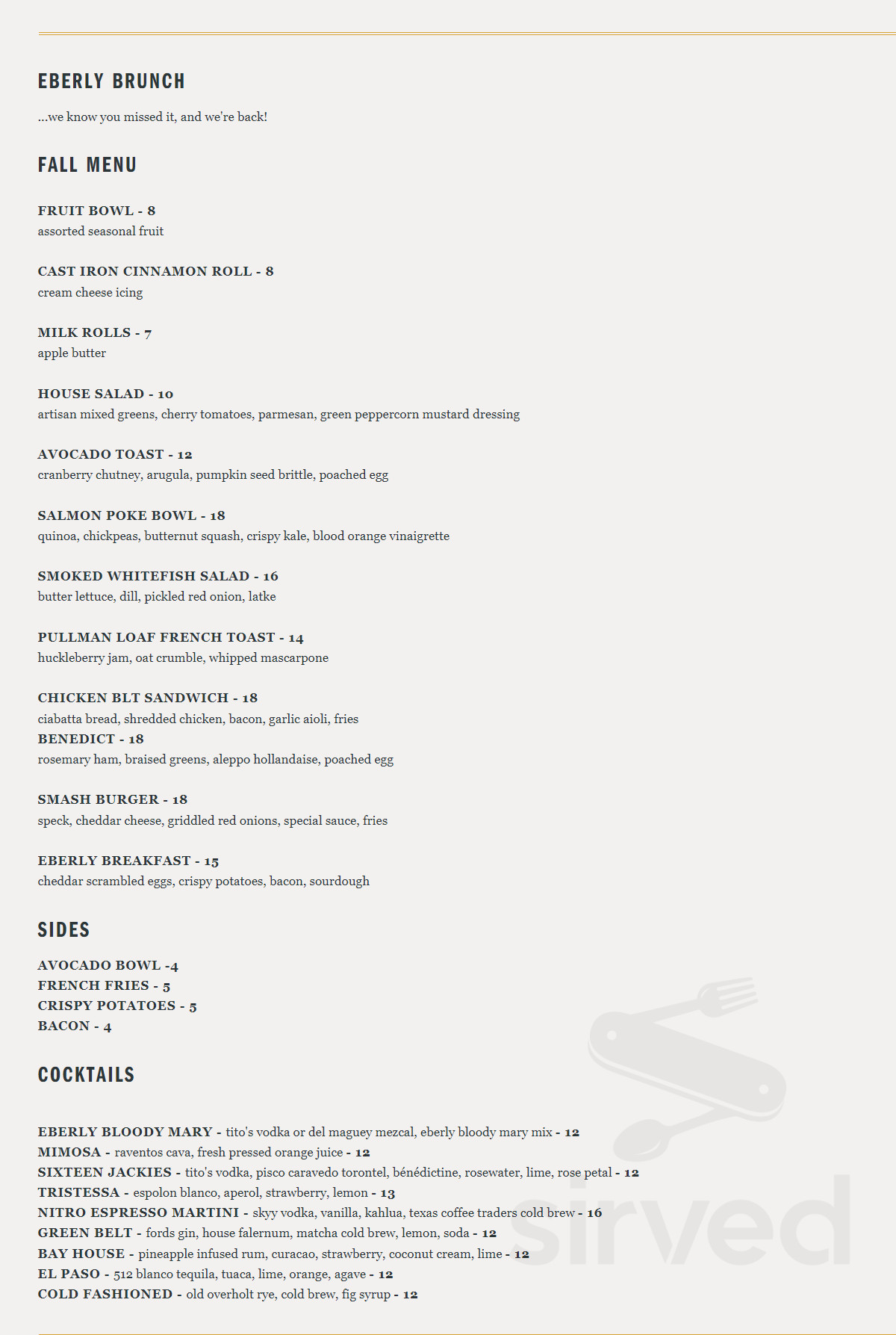 Eberly menu in Austin, Texas, USA