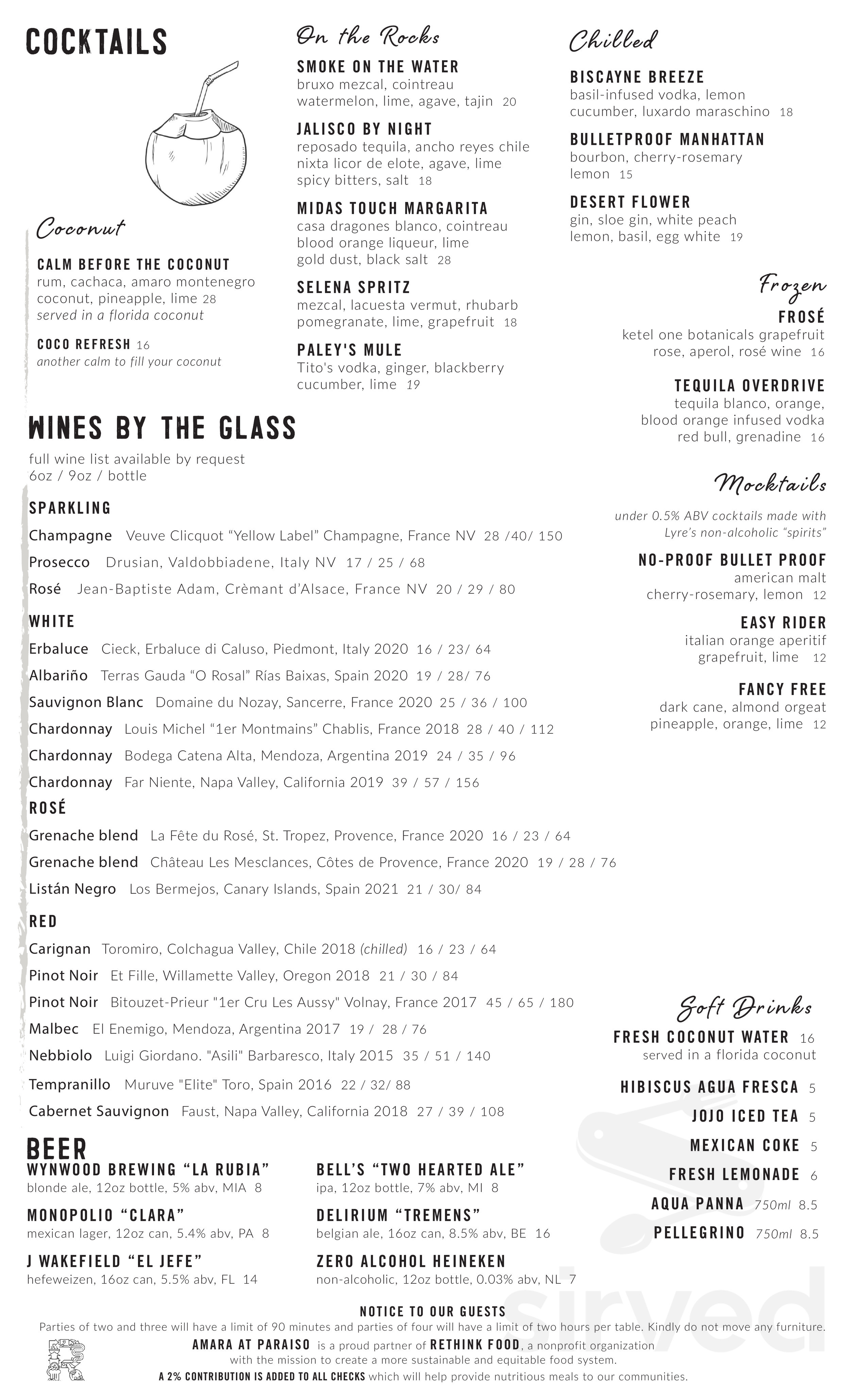 Amara at Paraiso menu in Miami, Florida, USA