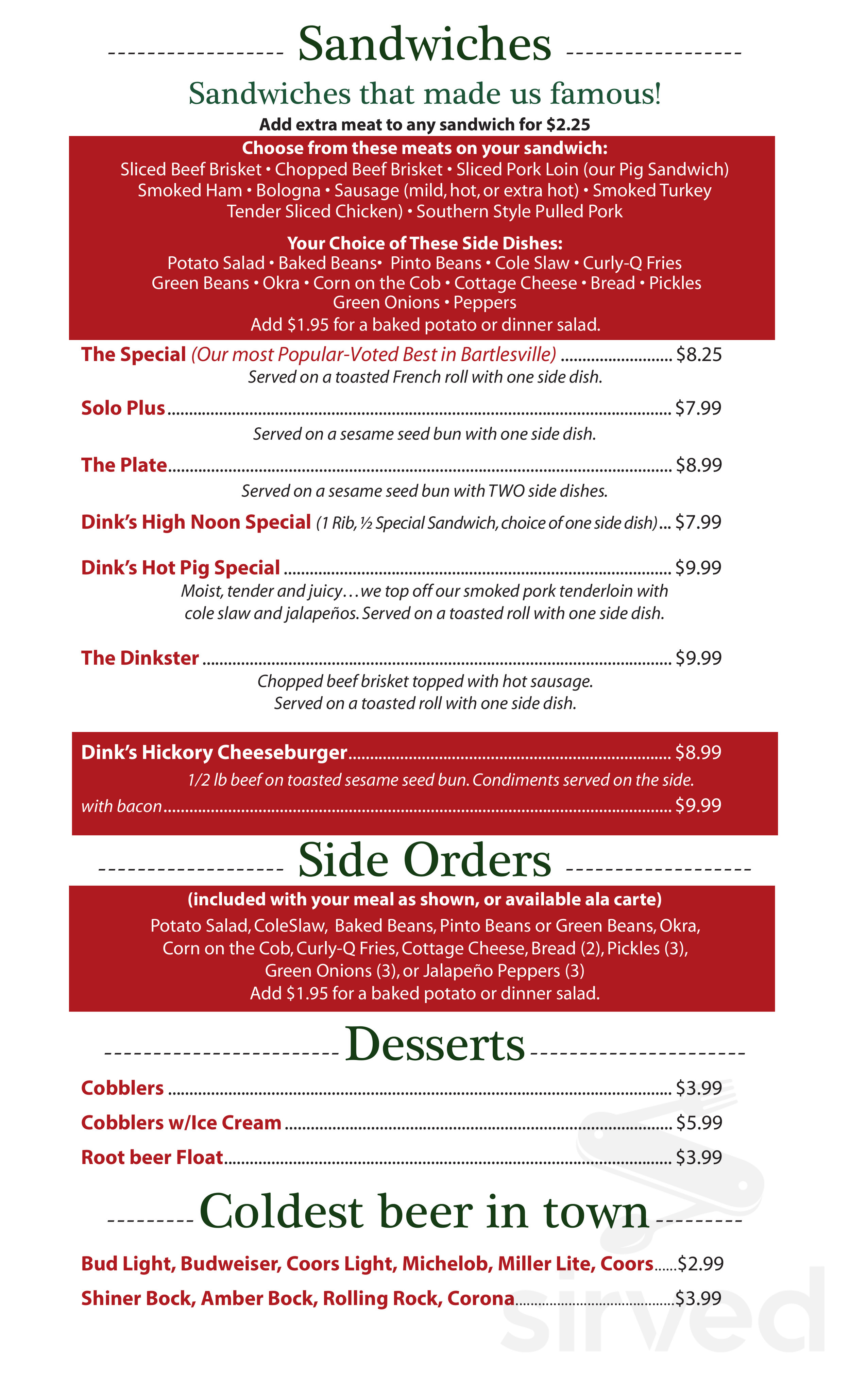 Dink's Pit Bar-B-Que menu in Bartlesville, Oklahoma, USA