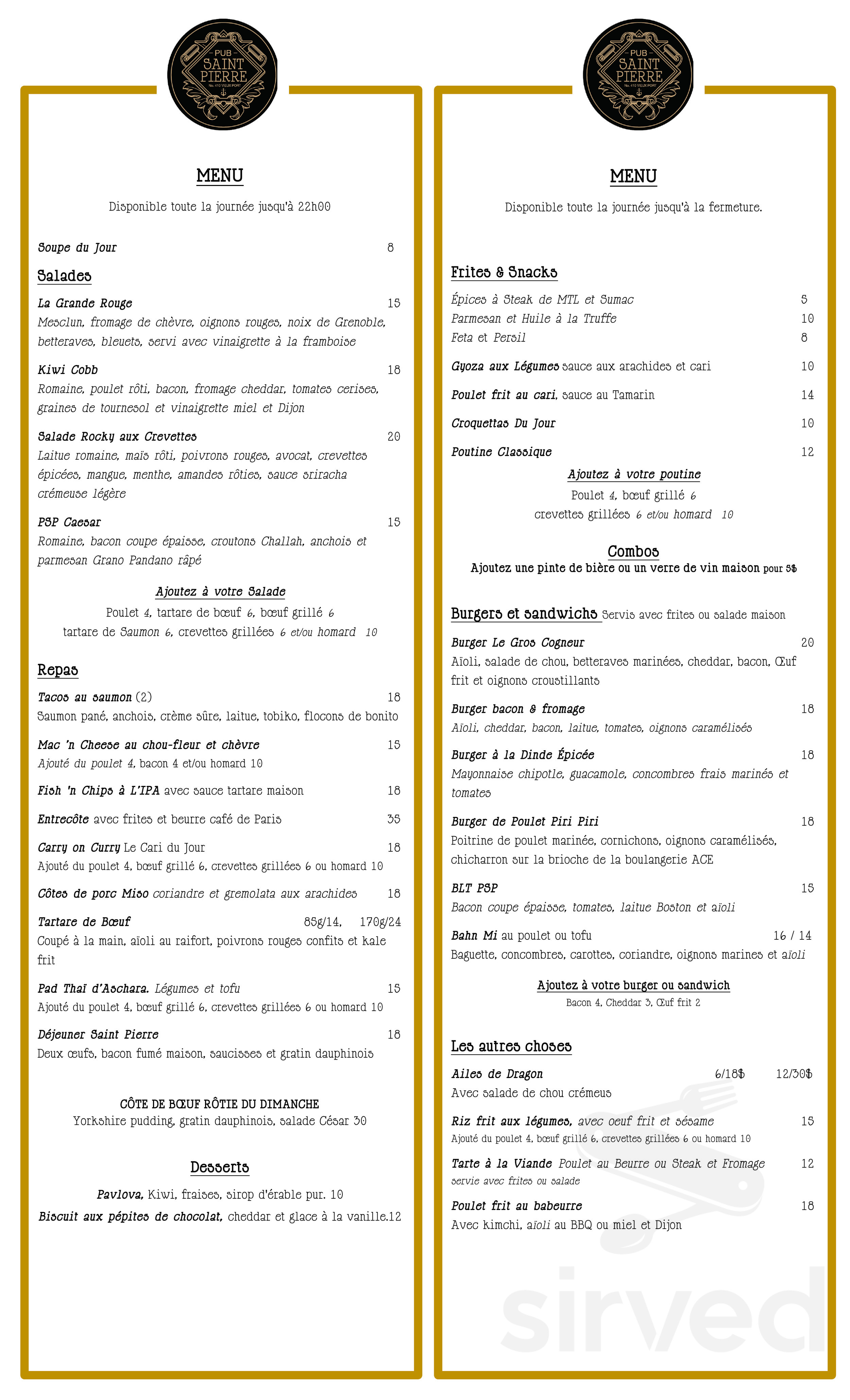 Menu - Montréal QC's Pub Saint Pierre | Sirved