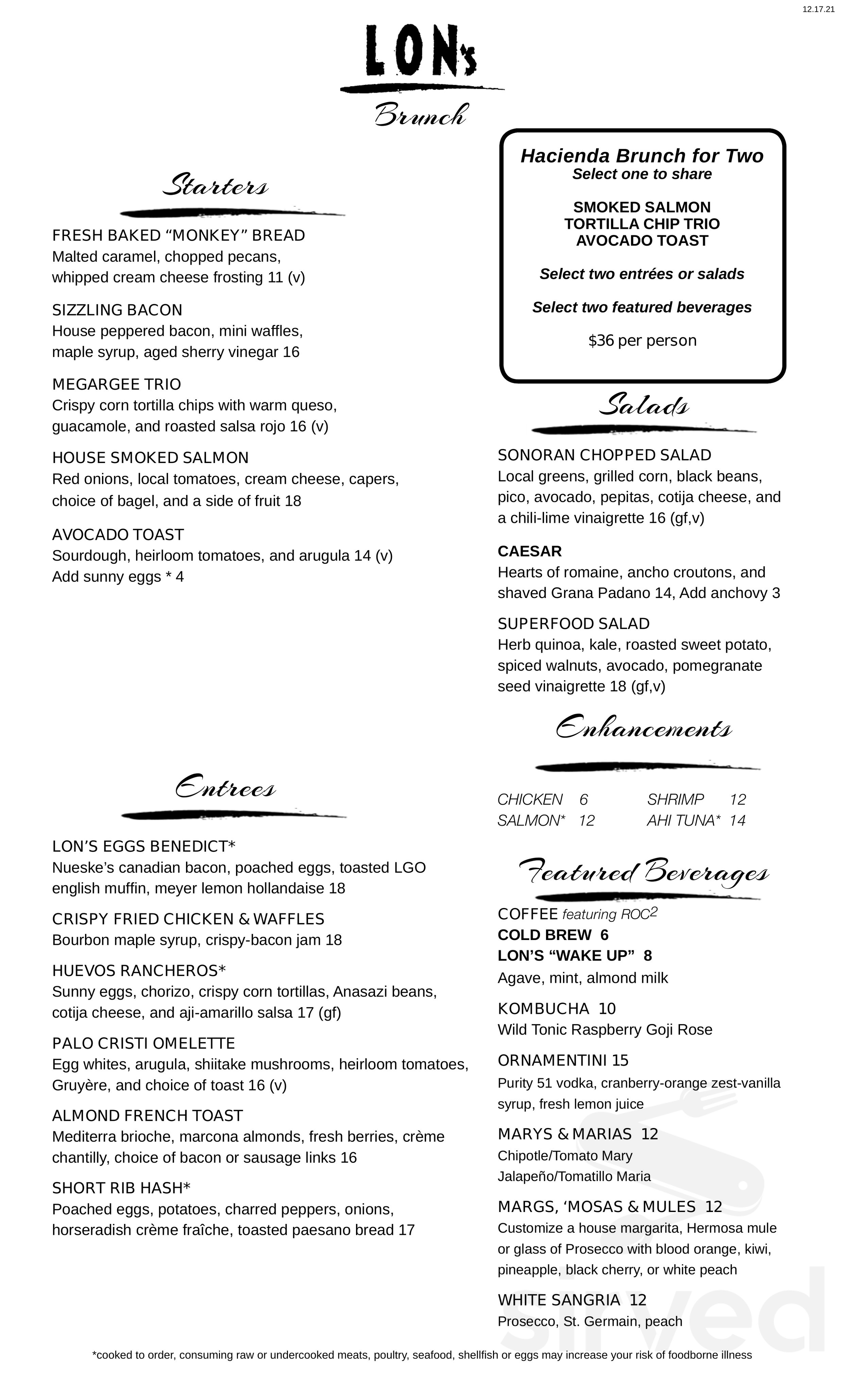 Menu for LON’s at The Hermosa Inn in Paradise Valley, AZ | Sirved