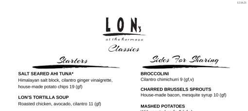 Menu for LON’s at The Hermosa Inn in Paradise Valley, AZ | Sirved