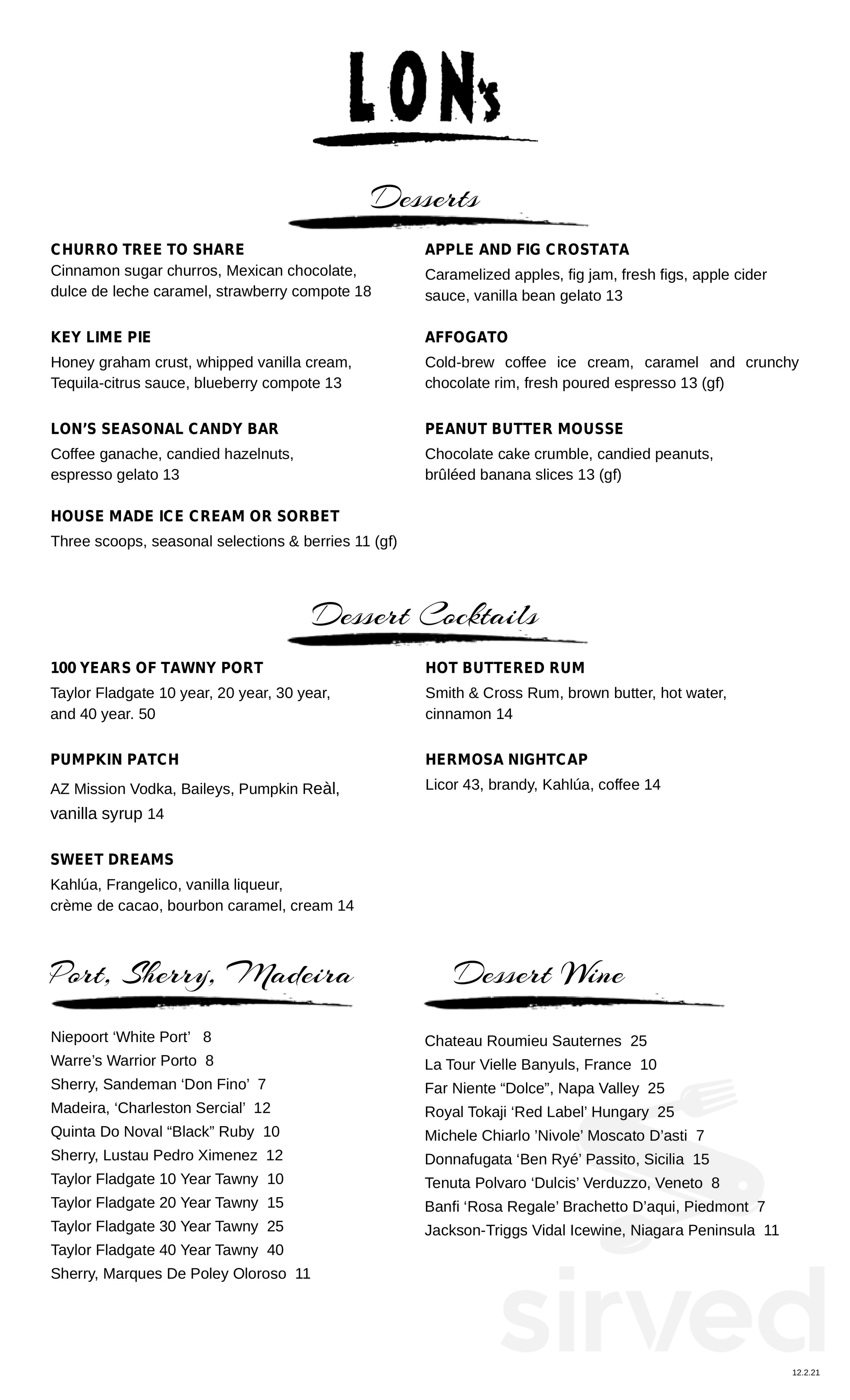 Menu for LON’s at The Hermosa Inn in Paradise Valley, AZ | Sirved