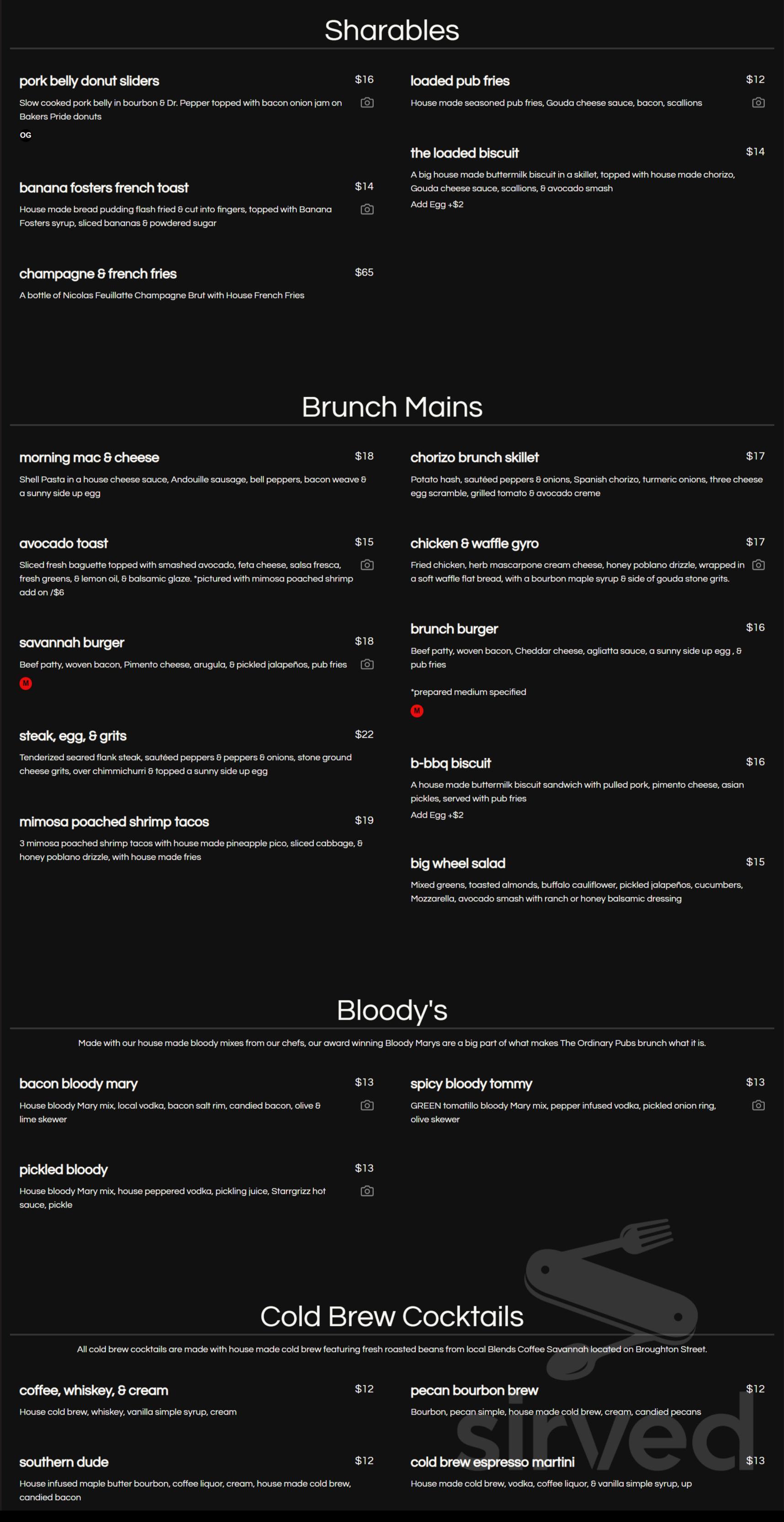 The Ordinary Pub menu in Savannah, Georgia, USA