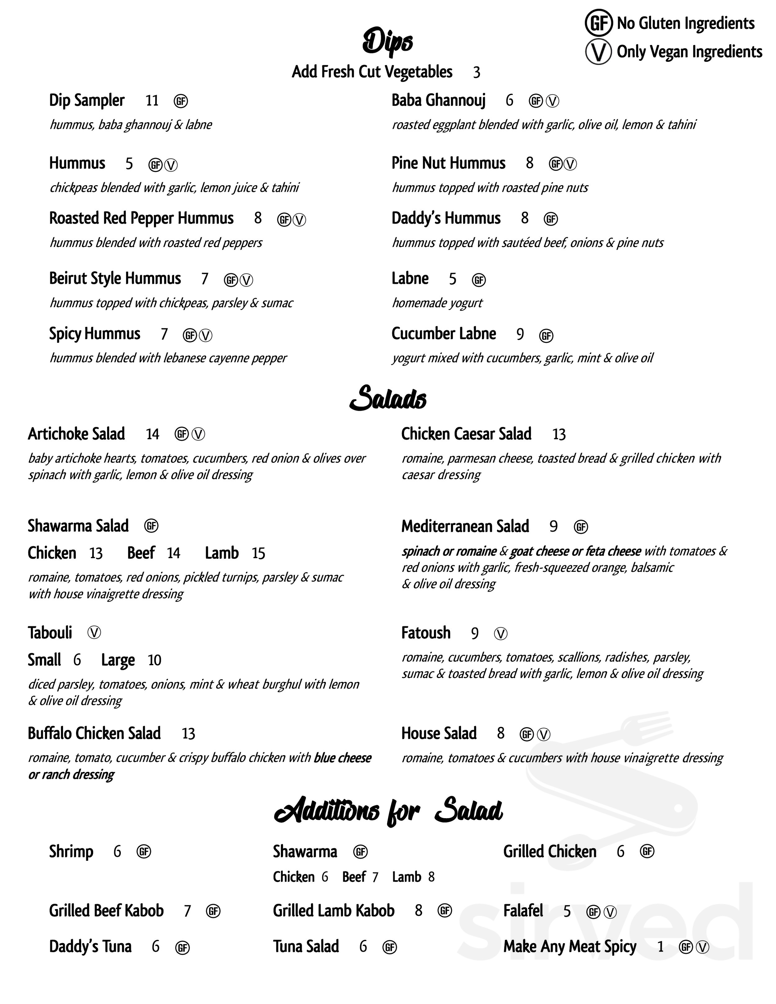 Menu for Daddy's Place in Easton, PA | Sirved
