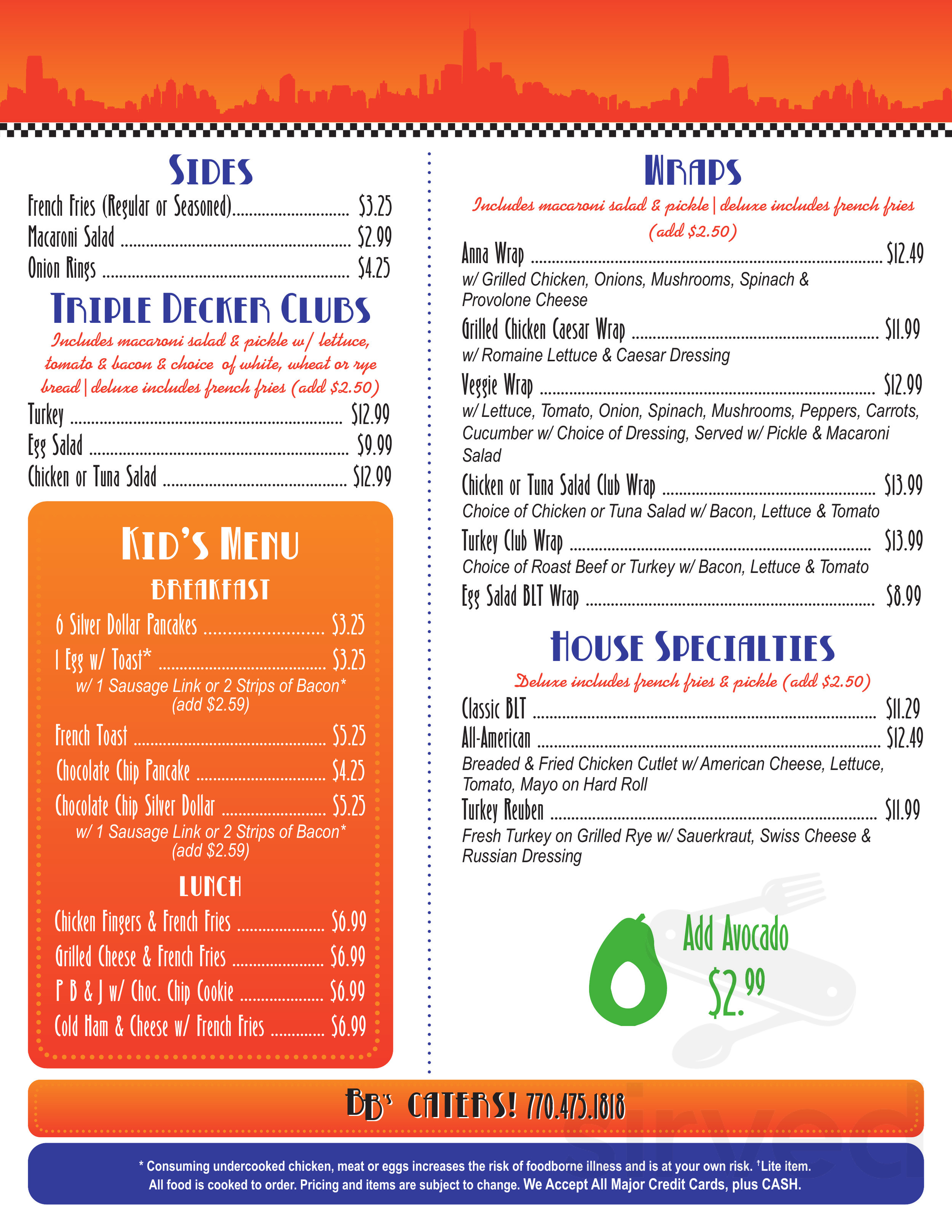 BB's Bagels menu in Alpharetta, Georgia, USA
