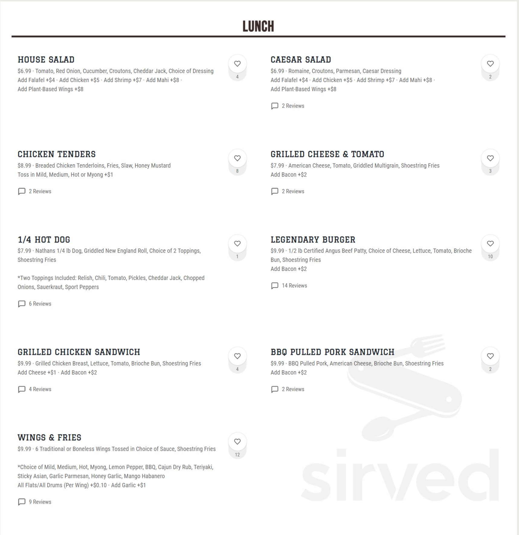 Menu - Pompano Beach FL's Legends Tavern & Grille - Pompano Beach | Sirved