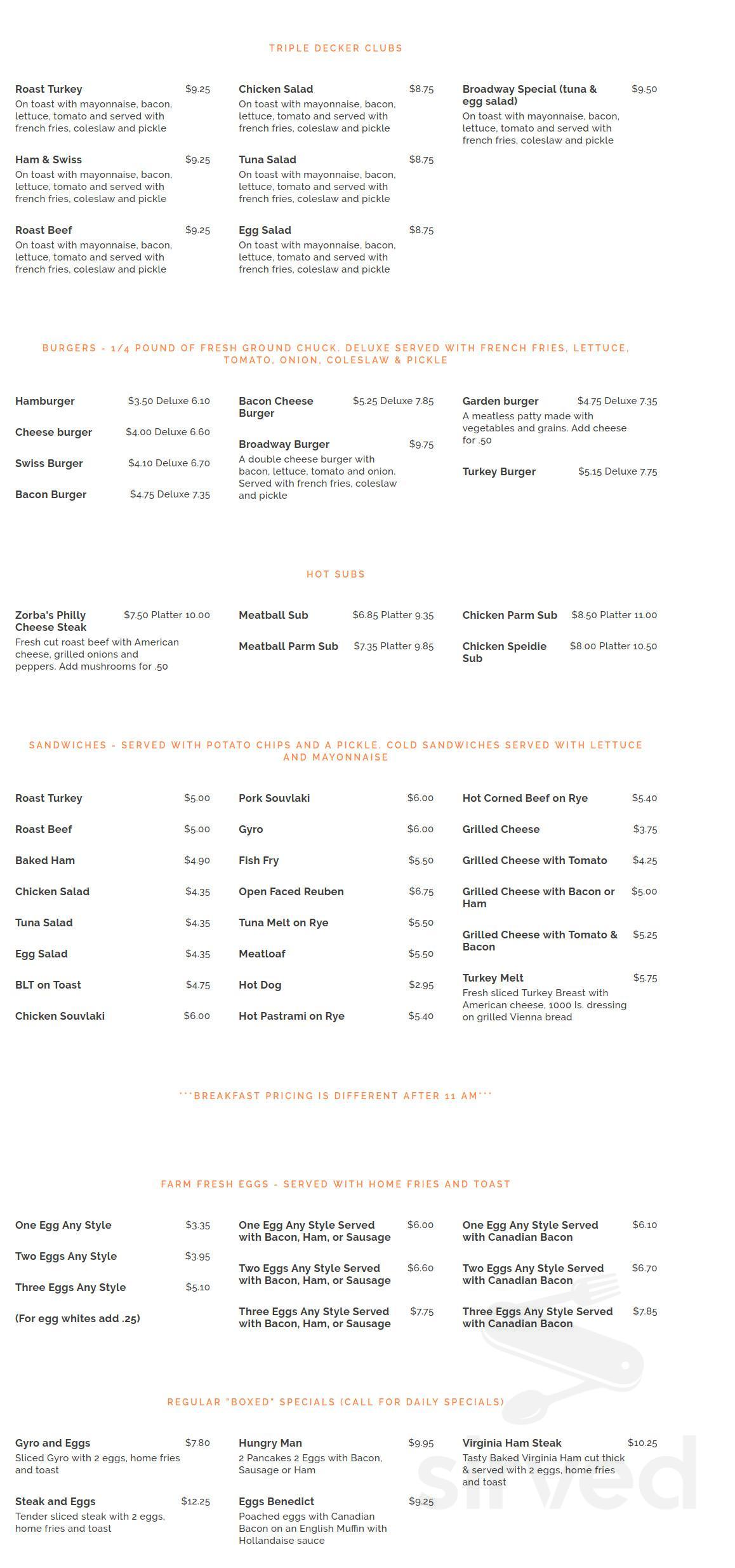 Broadway Diner menu in Endwell, New York, USA