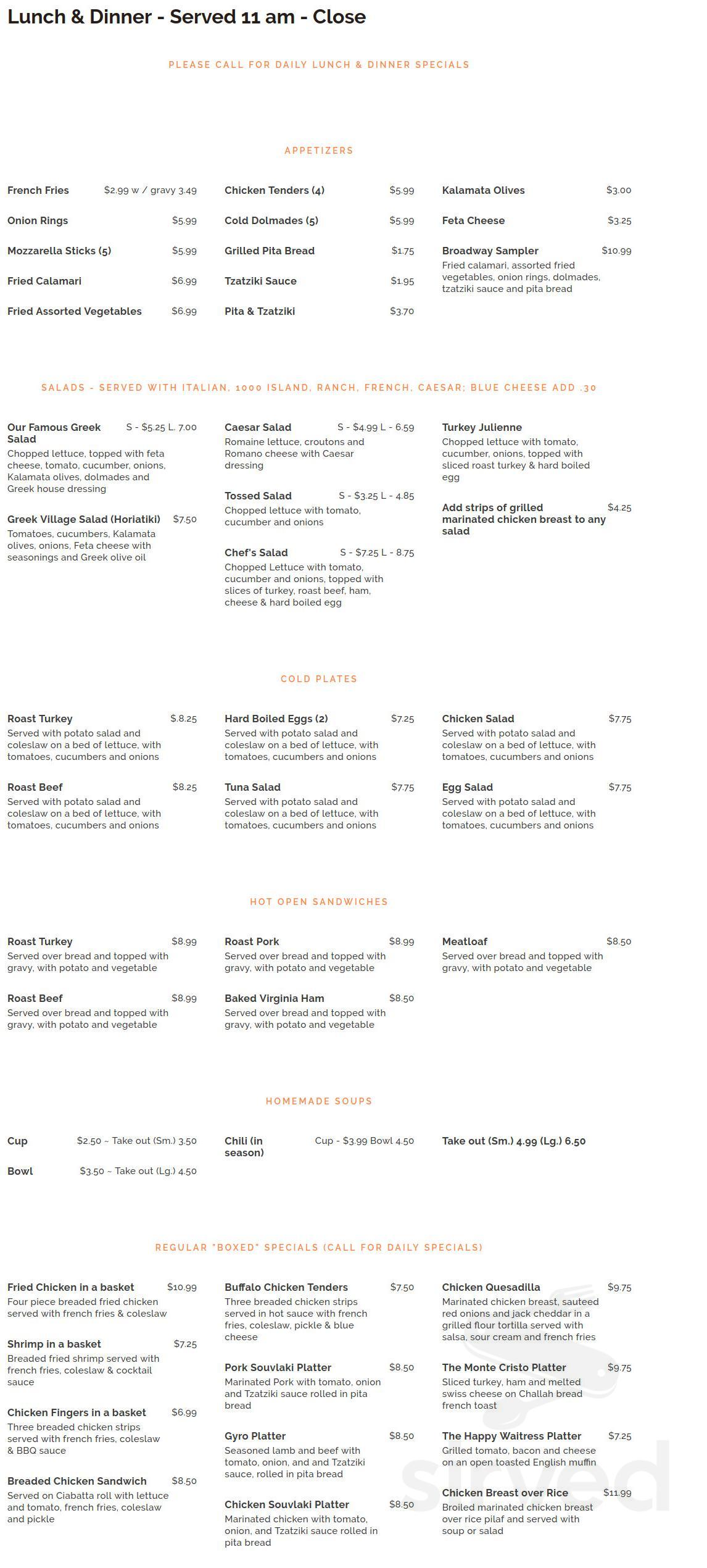 Broadway Diner menu in Endwell, New York, USA