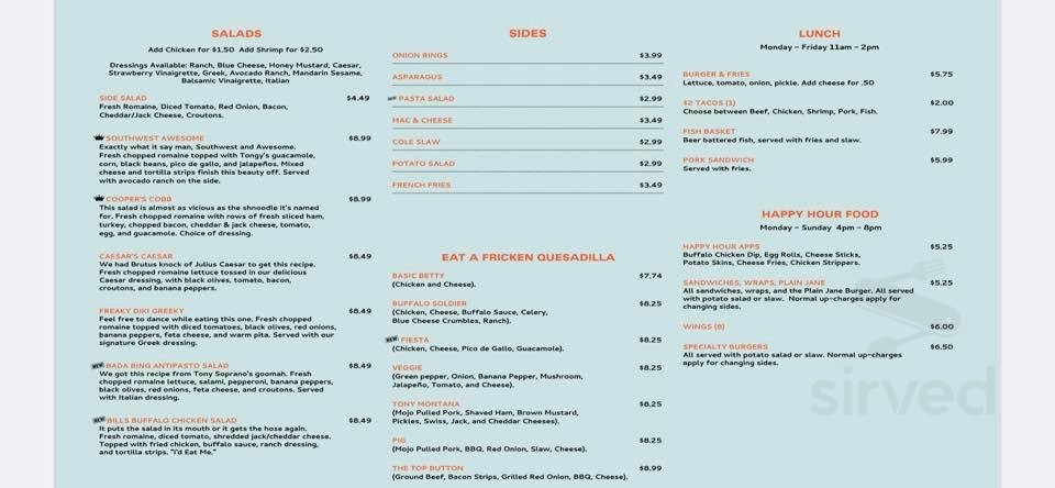 Tongy's Shmack House menu in Conway, South Carolina, USA
