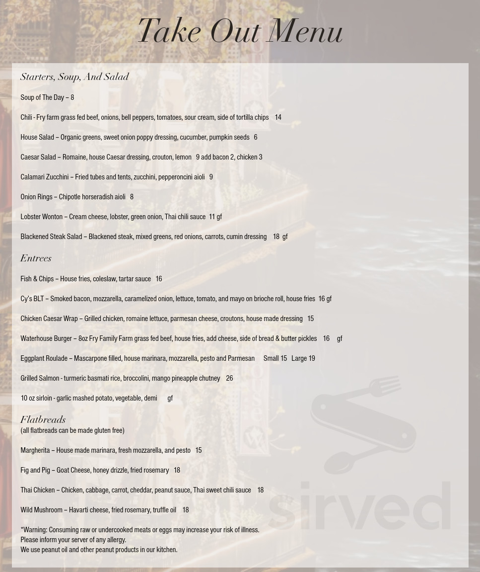 Menu for Waterhouse Restaurant in Peterborough, NH | Sirved