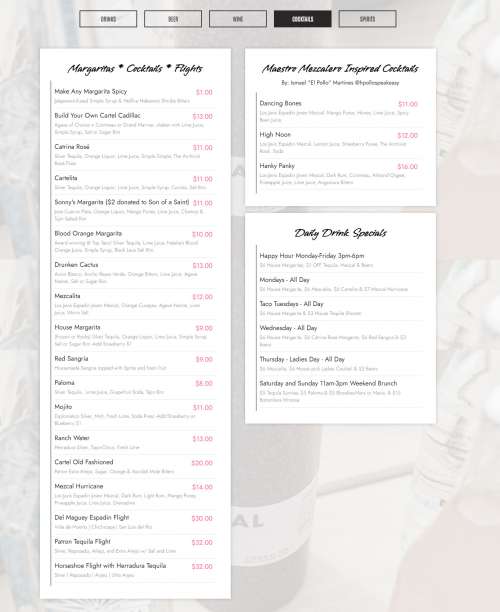 Tacos del Cartel menu in Metairie, Louisiana, USA