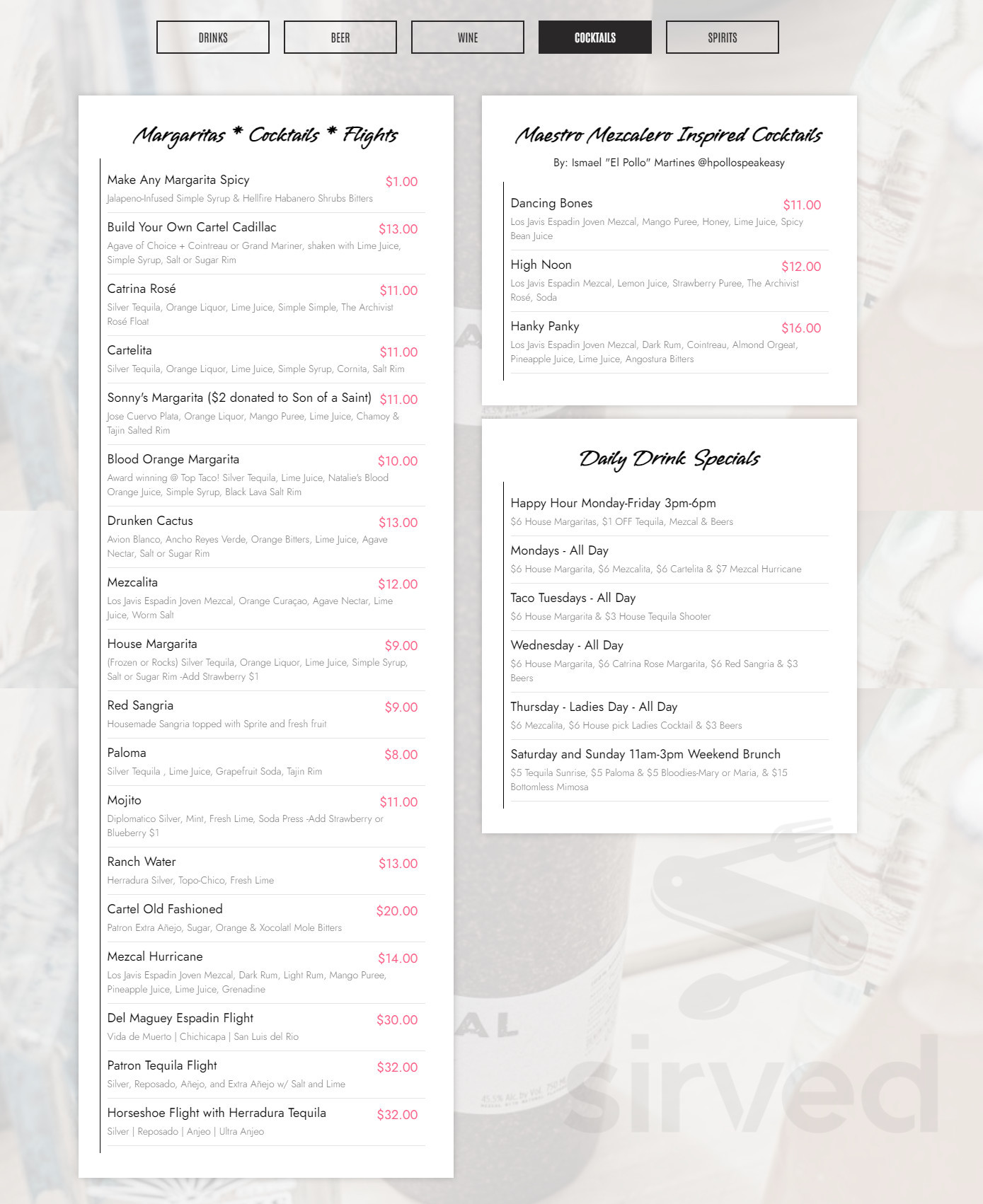 Tacos del Cartel menu in Metairie, Louisiana, USA