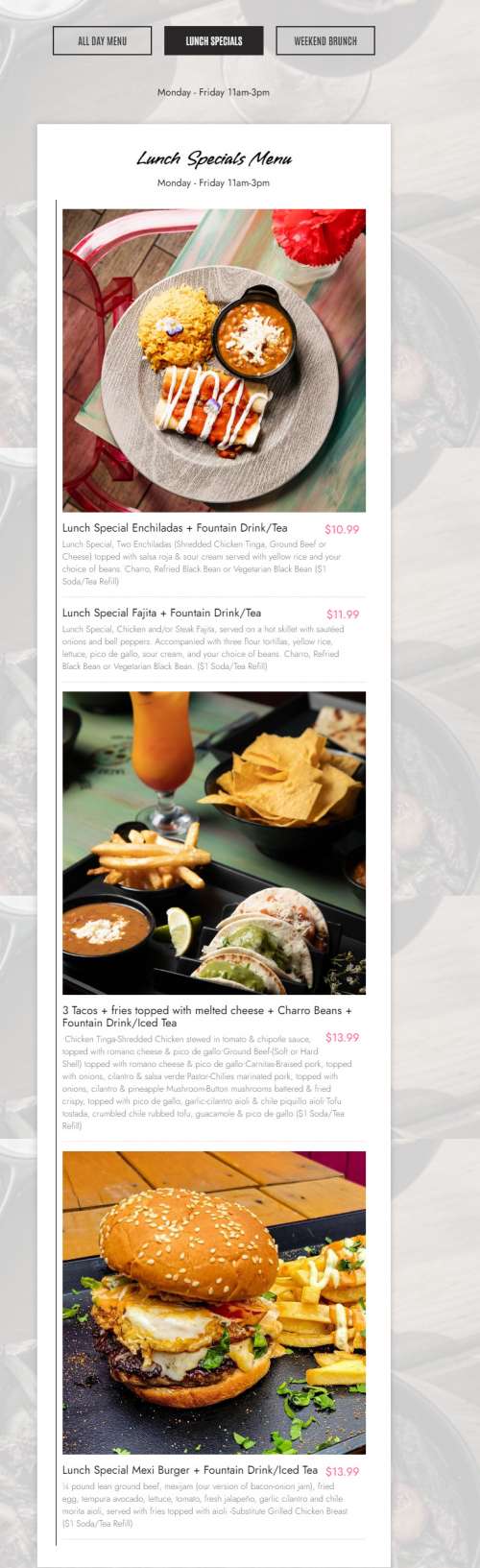 Tacos del Cartel menu in Metairie, Louisiana, USA