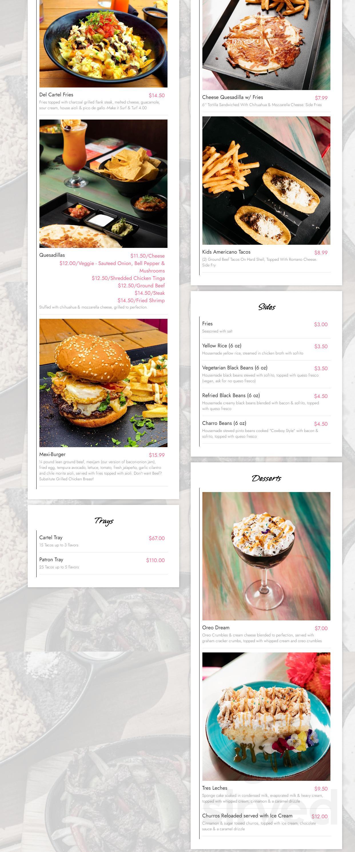 Tacos del Cartel menu in Metairie, Louisiana, USA