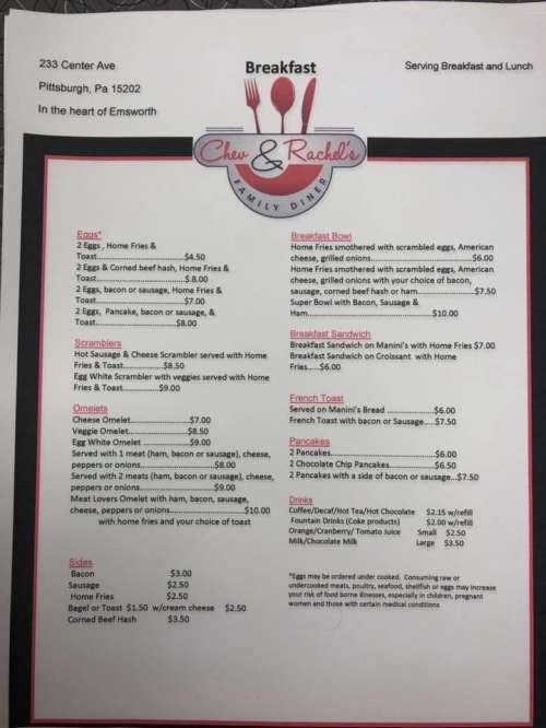 Chev & Rachel's Family Diner menu in Emsworth, Pennsylvania, USA