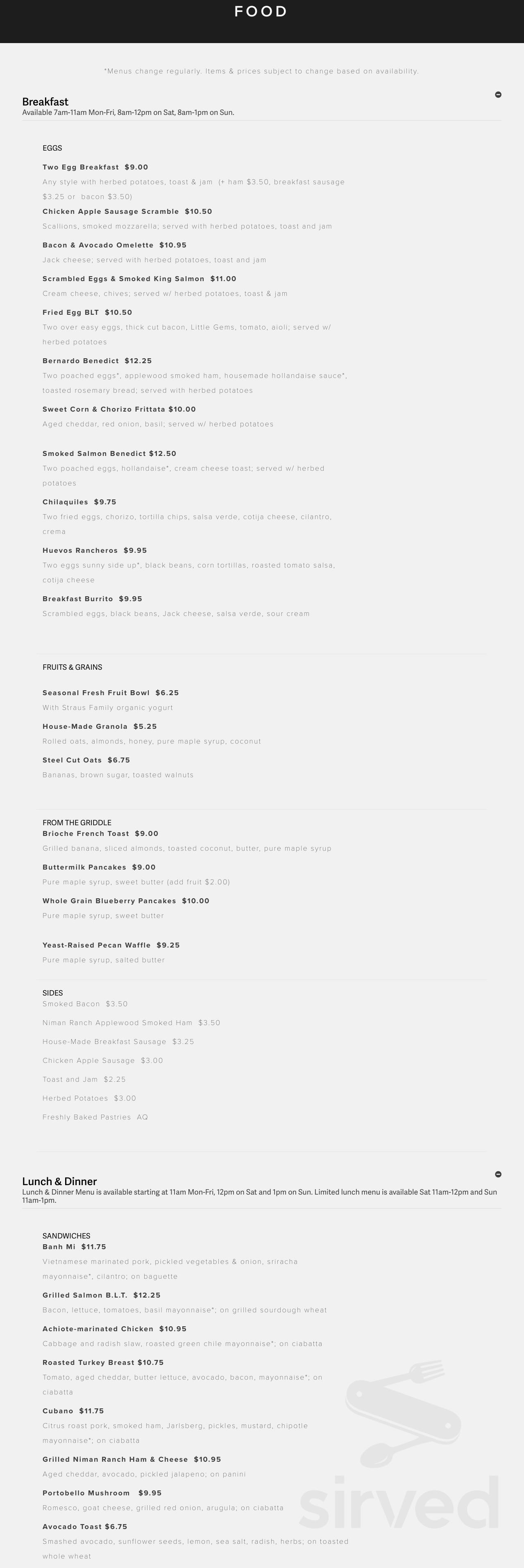 Cafe Bernardo at Pavilions menu in Sacramento, California, USA