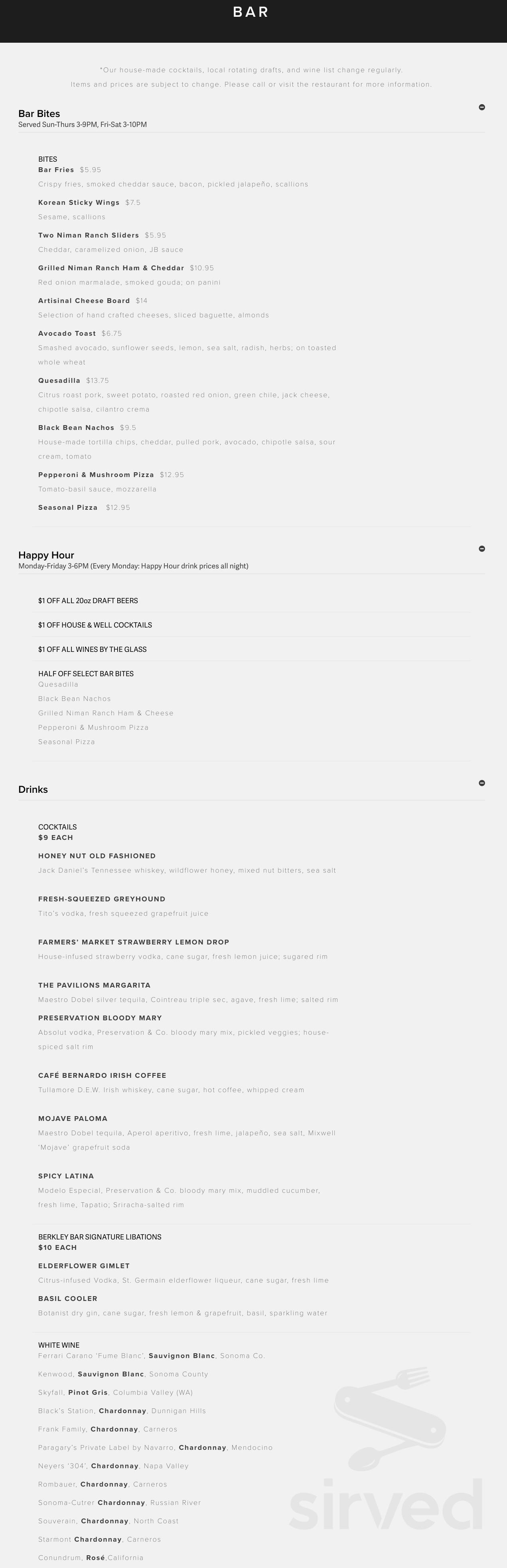 Cafe Bernardo at Pavilions menu in Sacramento, California, USA